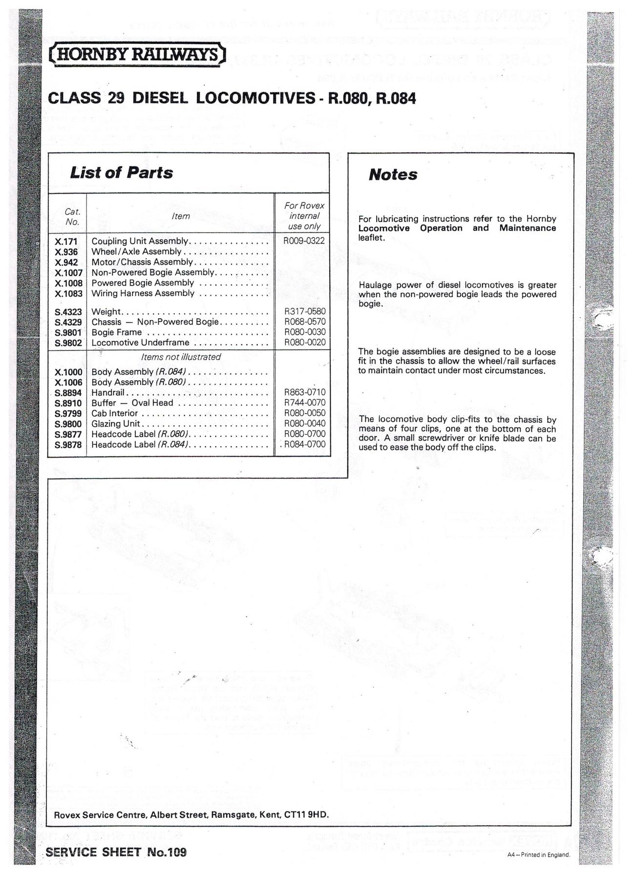 Service Sheets | Model Train Spare Parts selling Hornby Train Spare ...