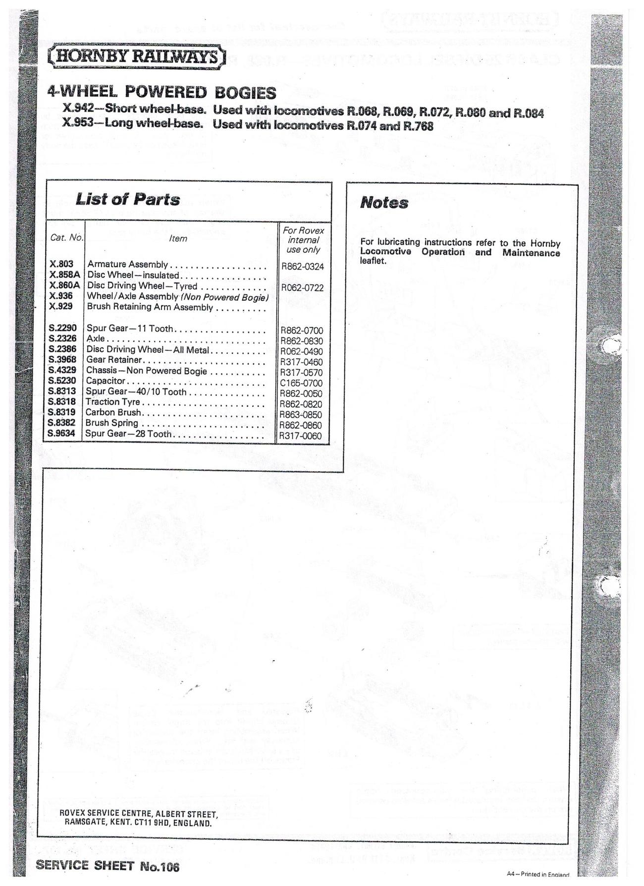 Service Sheets | Model Train Spare Parts selling Hornby Train Spare ...