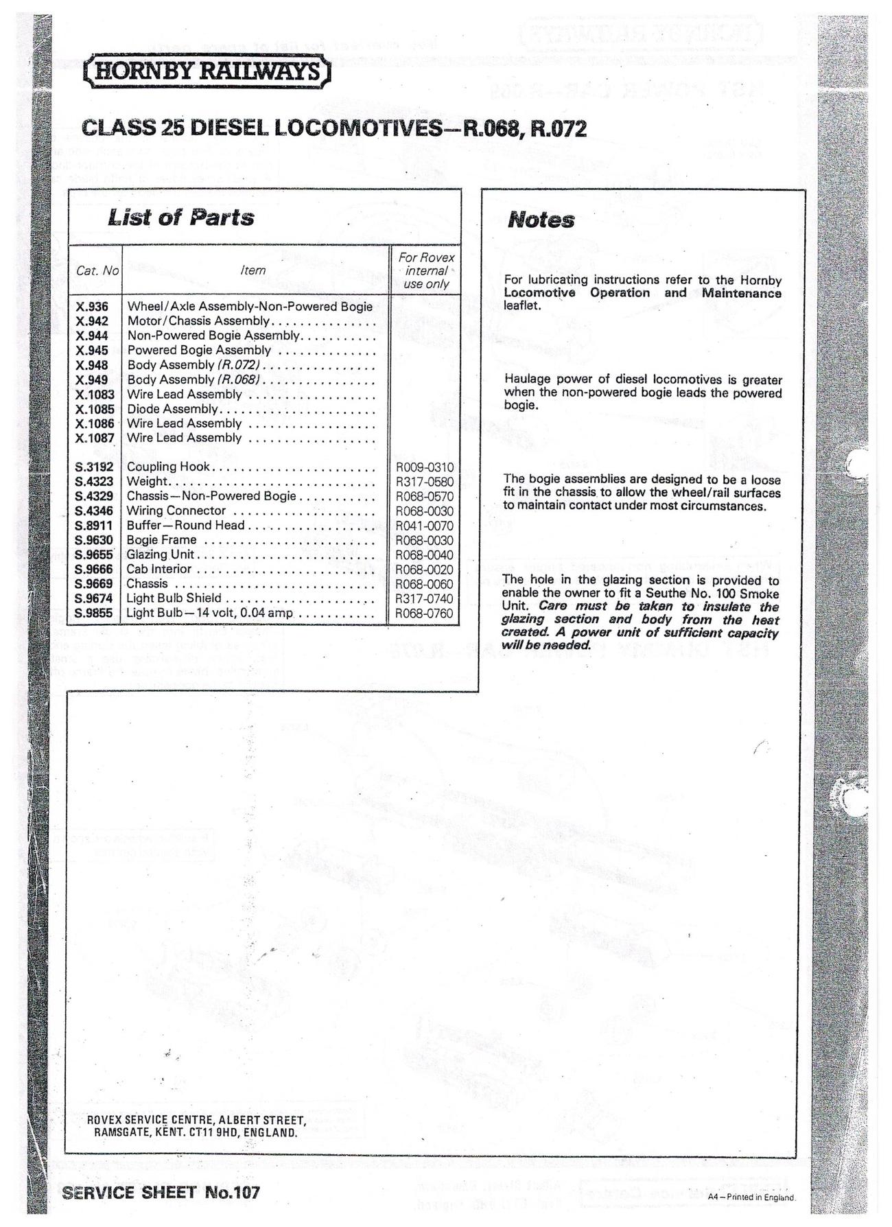 Service Sheets | Model Train Spare Parts selling Hornby Train Spare ...