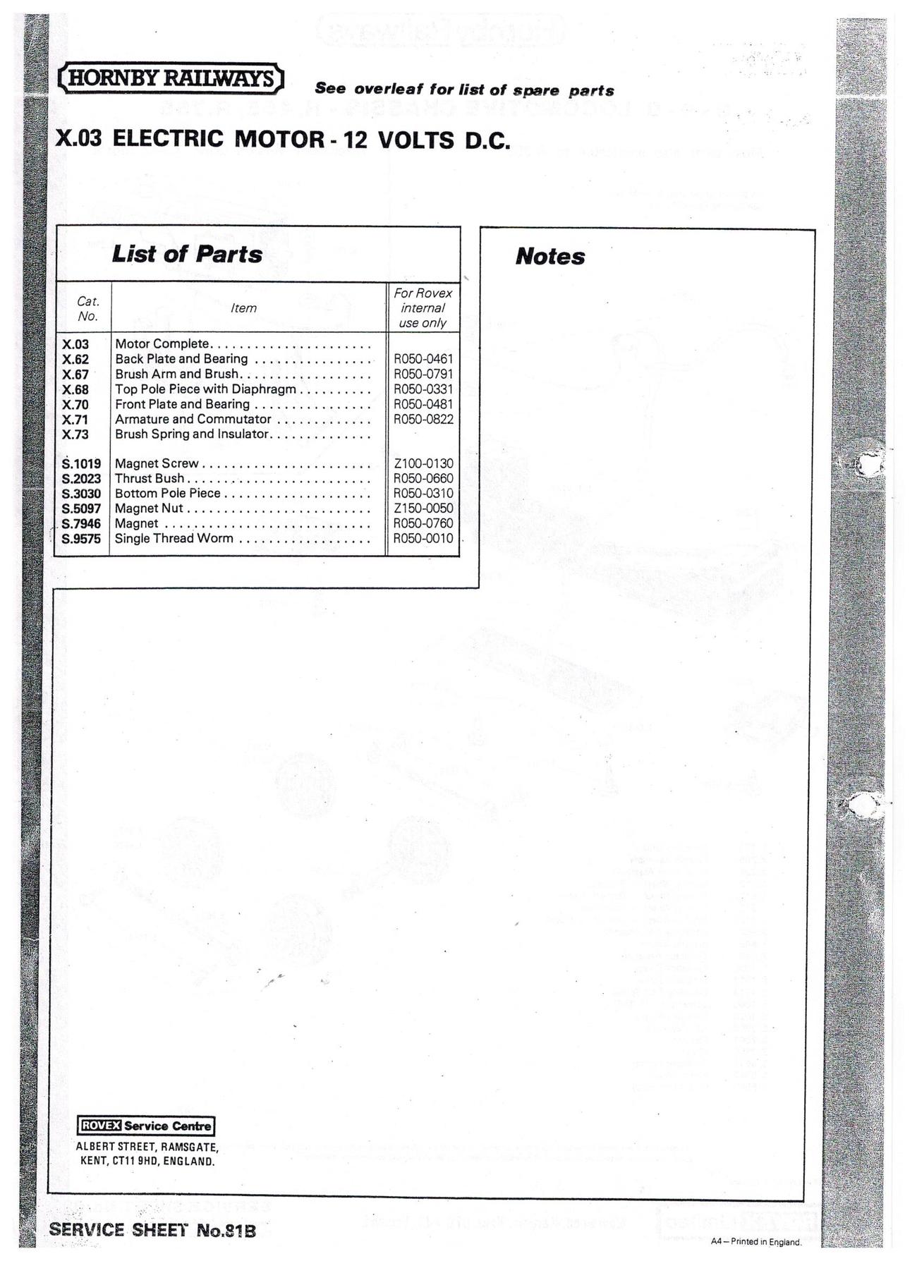 Service Sheets | Model Train Spare Parts selling Hornby Train Spare ...