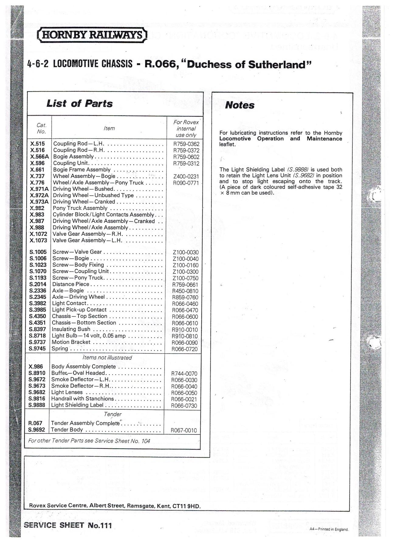 Service Sheets | Model Train Spare Parts selling Hornby Train Spare ...