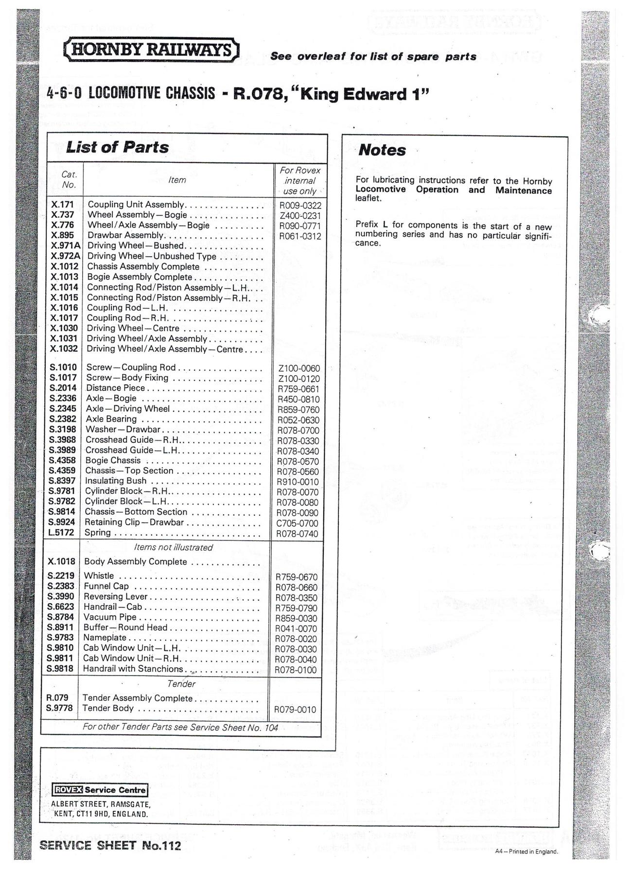 Service Sheets | Model Train Spare Parts selling Hornby Train Spare ...