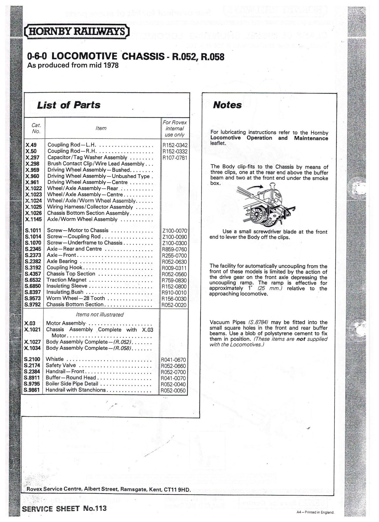 Service Sheets | Model Train Spare Parts selling Hornby Train Spare ...