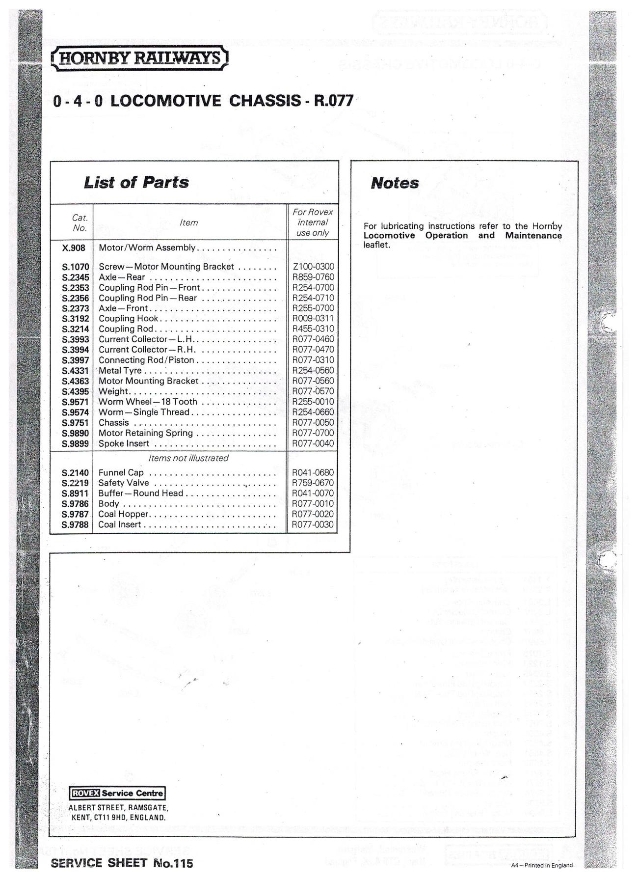 Service Sheets | Model Train Spare Parts selling Hornby Train Spare ...