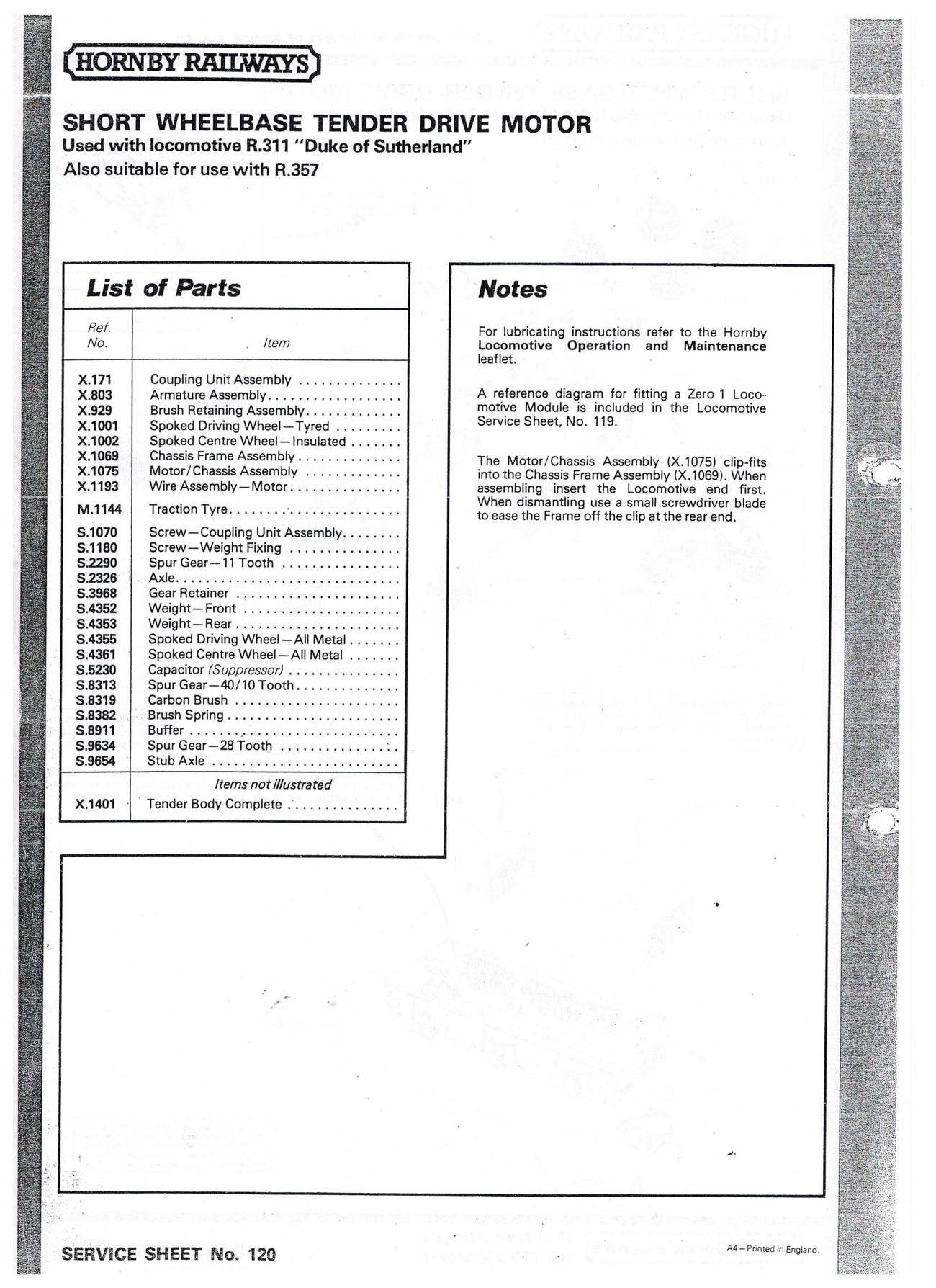 Service Sheets | Model Train Spare Parts selling Hornby Train Spare ...