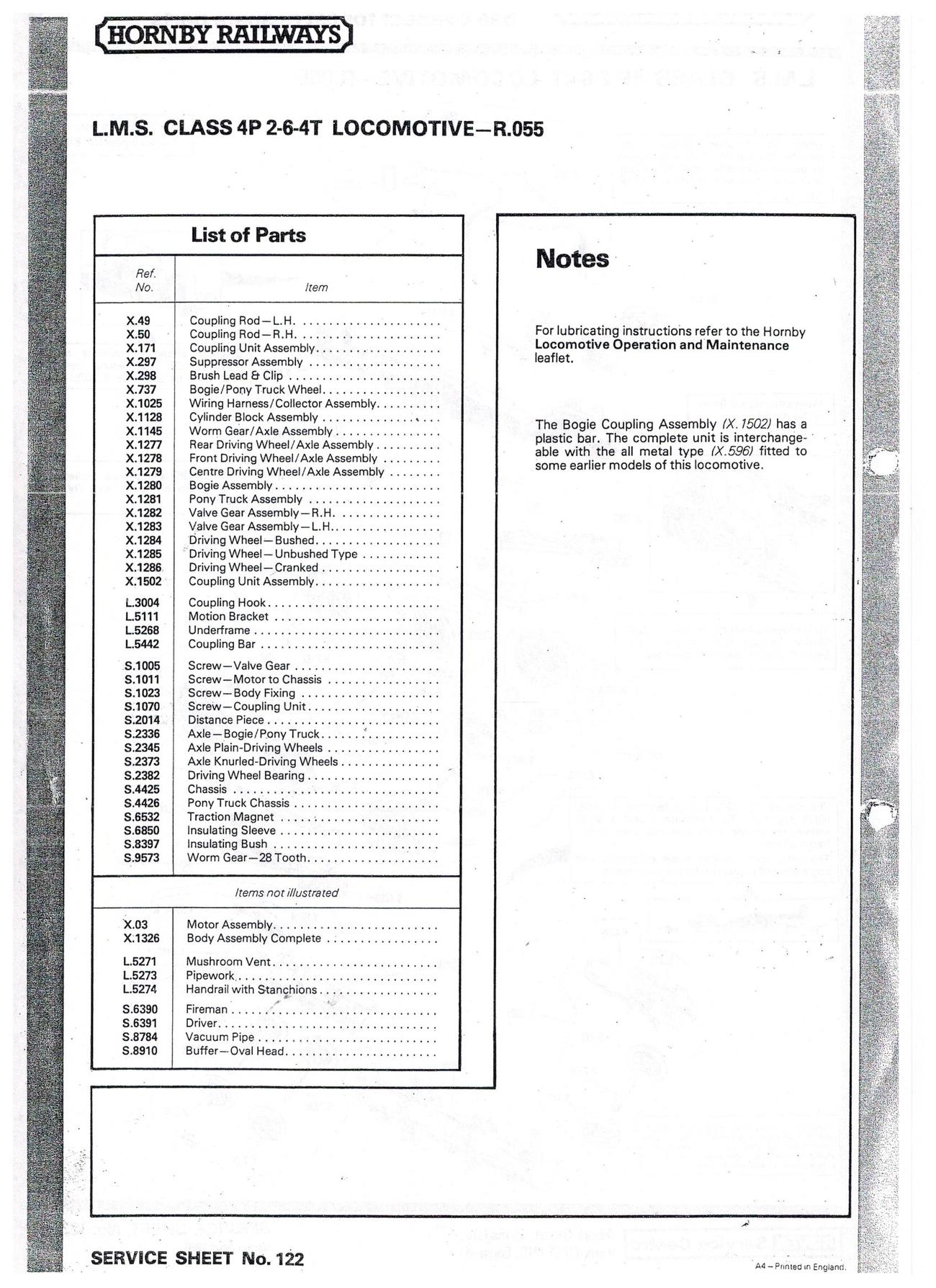 Service Sheets | Model Train Spare Parts selling Hornby Train Spare ...
