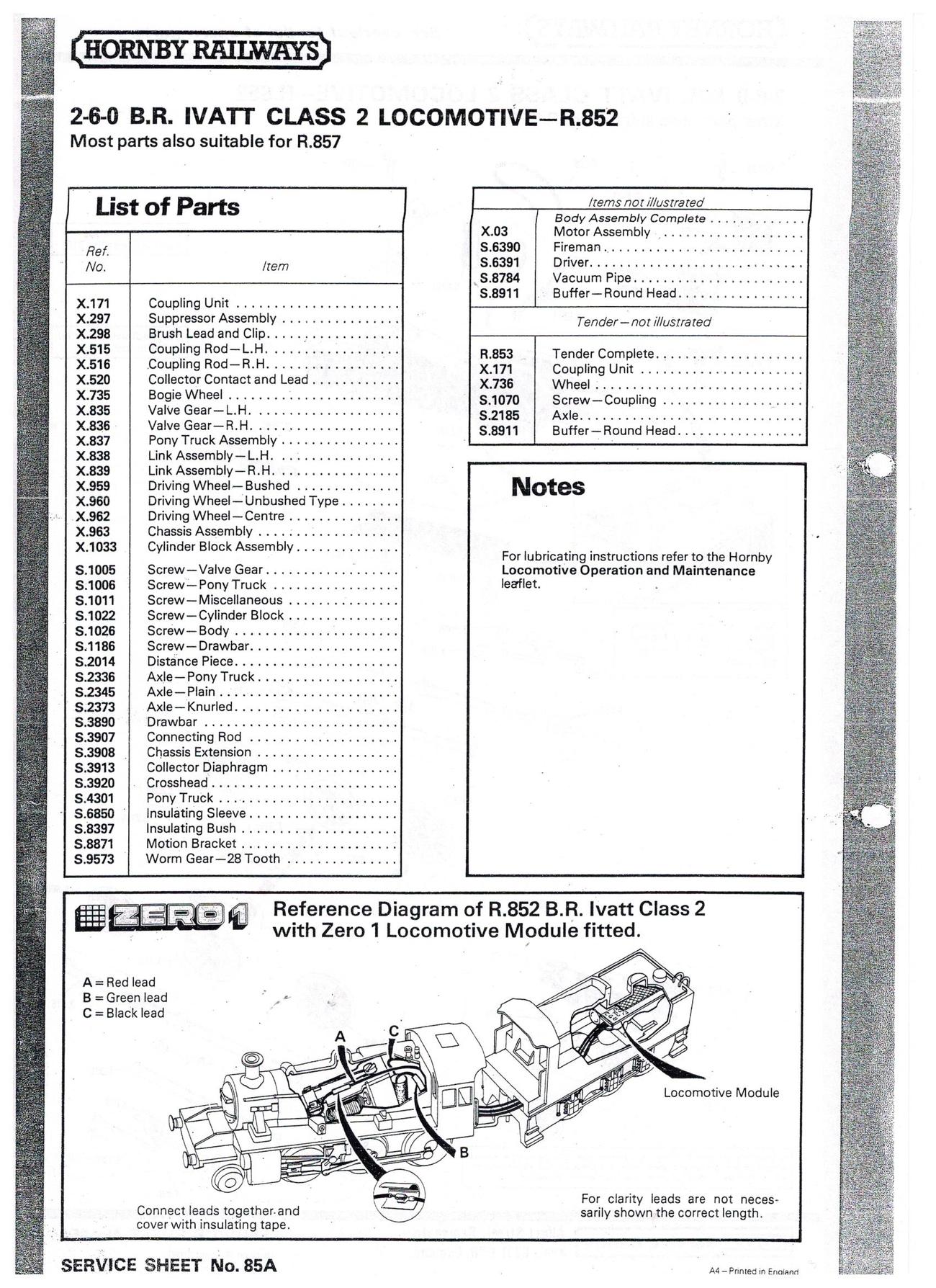 Service Sheets | Model Train Spare Parts selling Hornby Train Spare ...