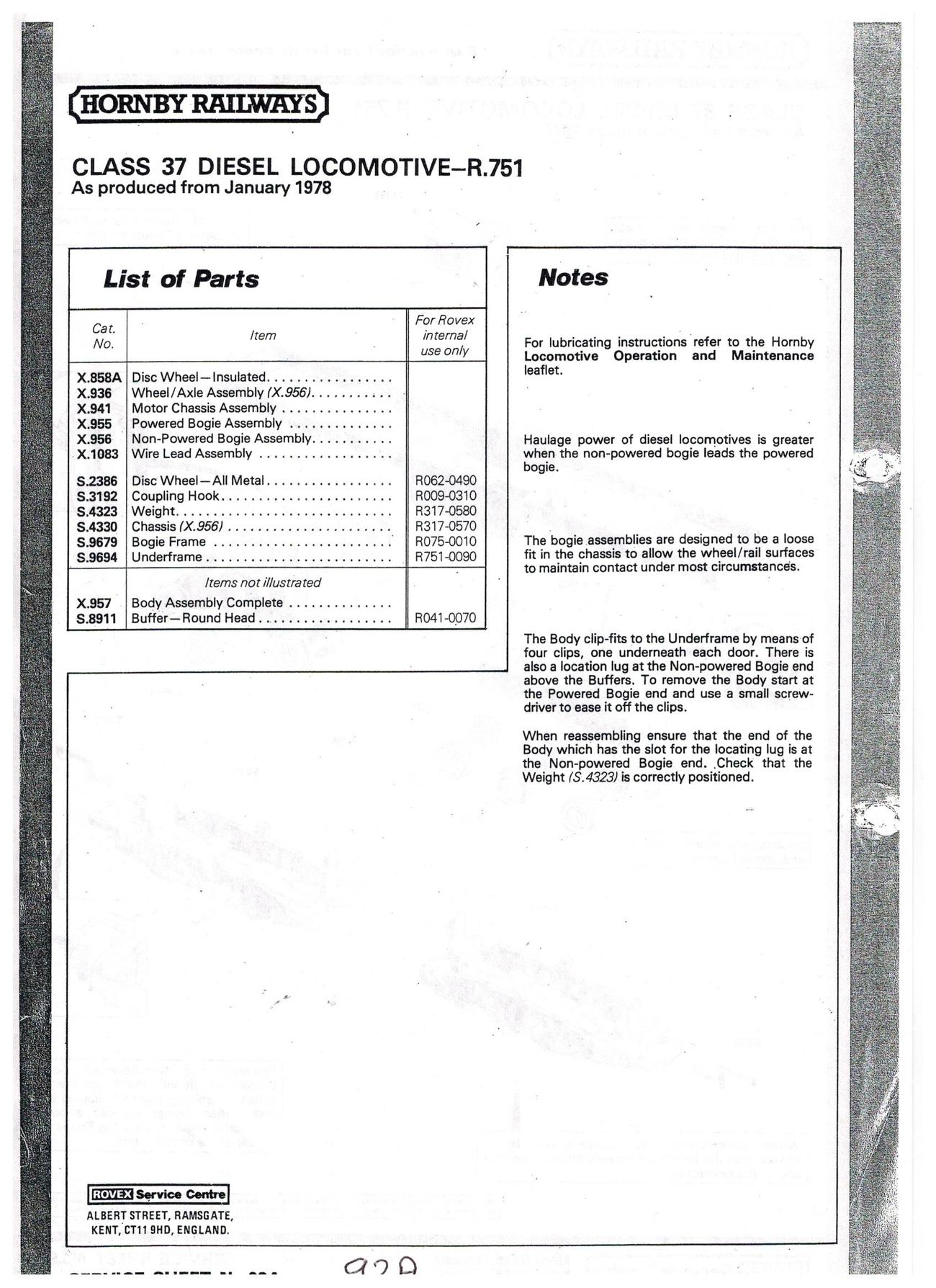 Service Sheets | Model Train Spare Parts selling Hornby Train Spare ...