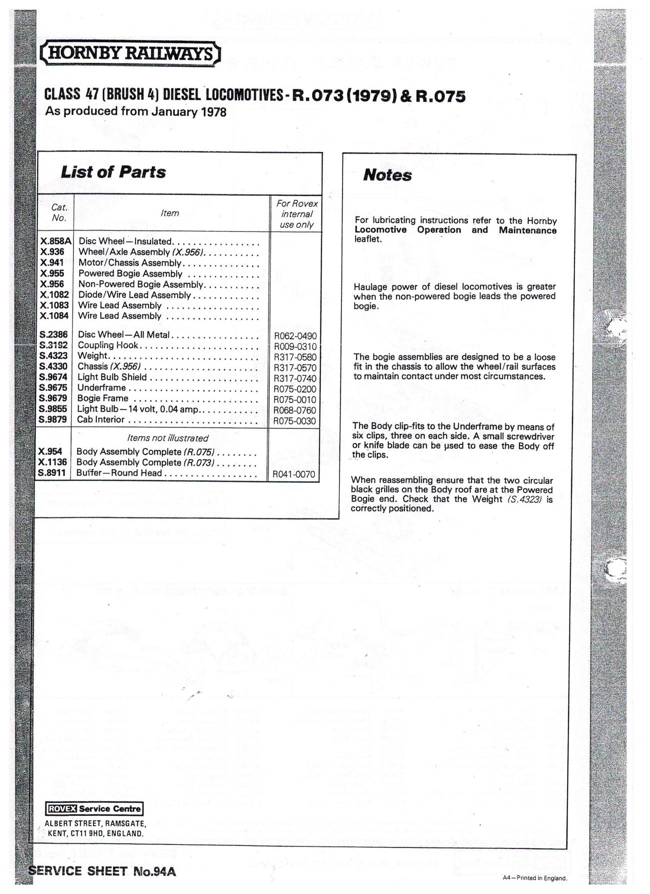 Service Sheets | Model Train Spare Parts selling Hornby Train Spare ...